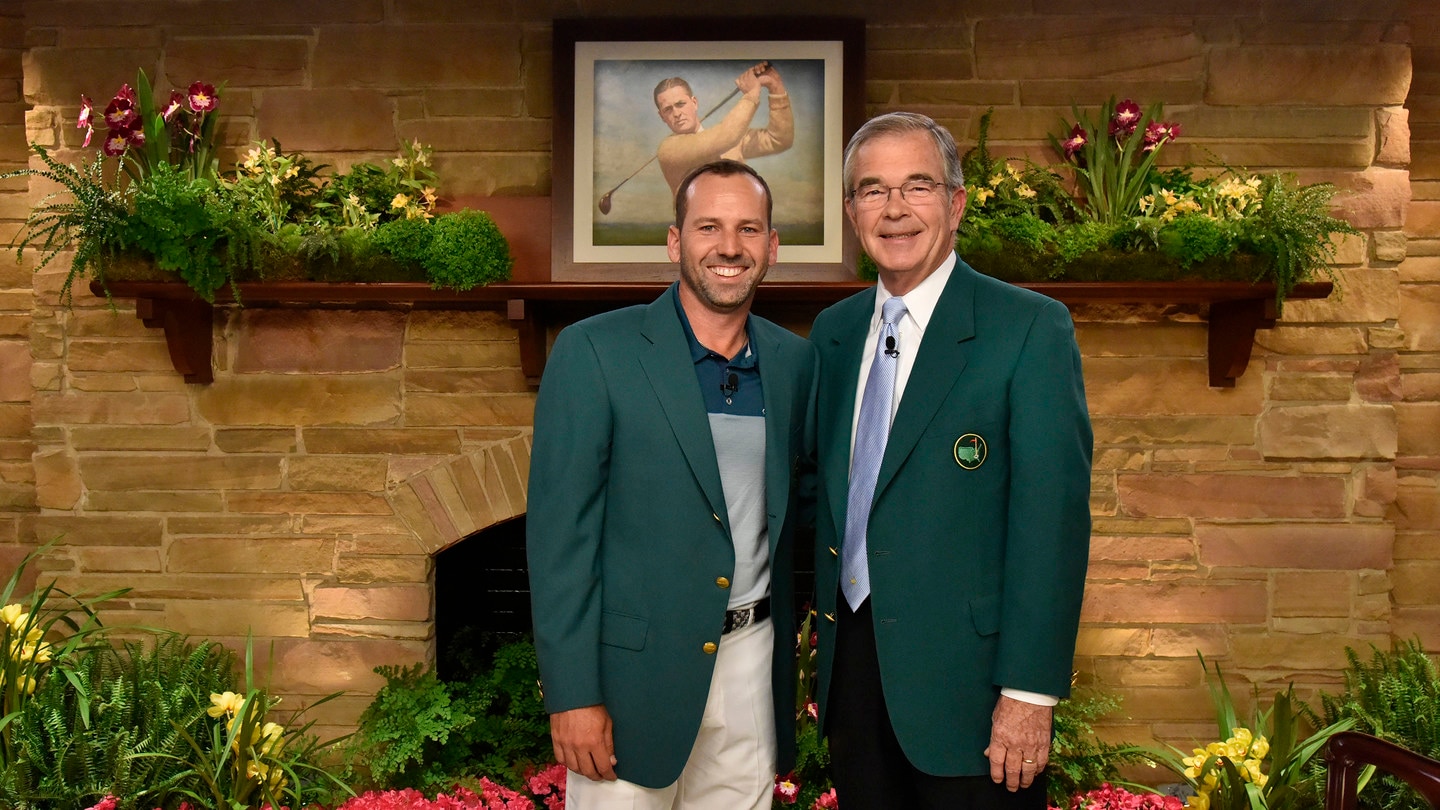 Sergio Garcia of Spain puts on the Green Jacket in the Butler Cabin ...