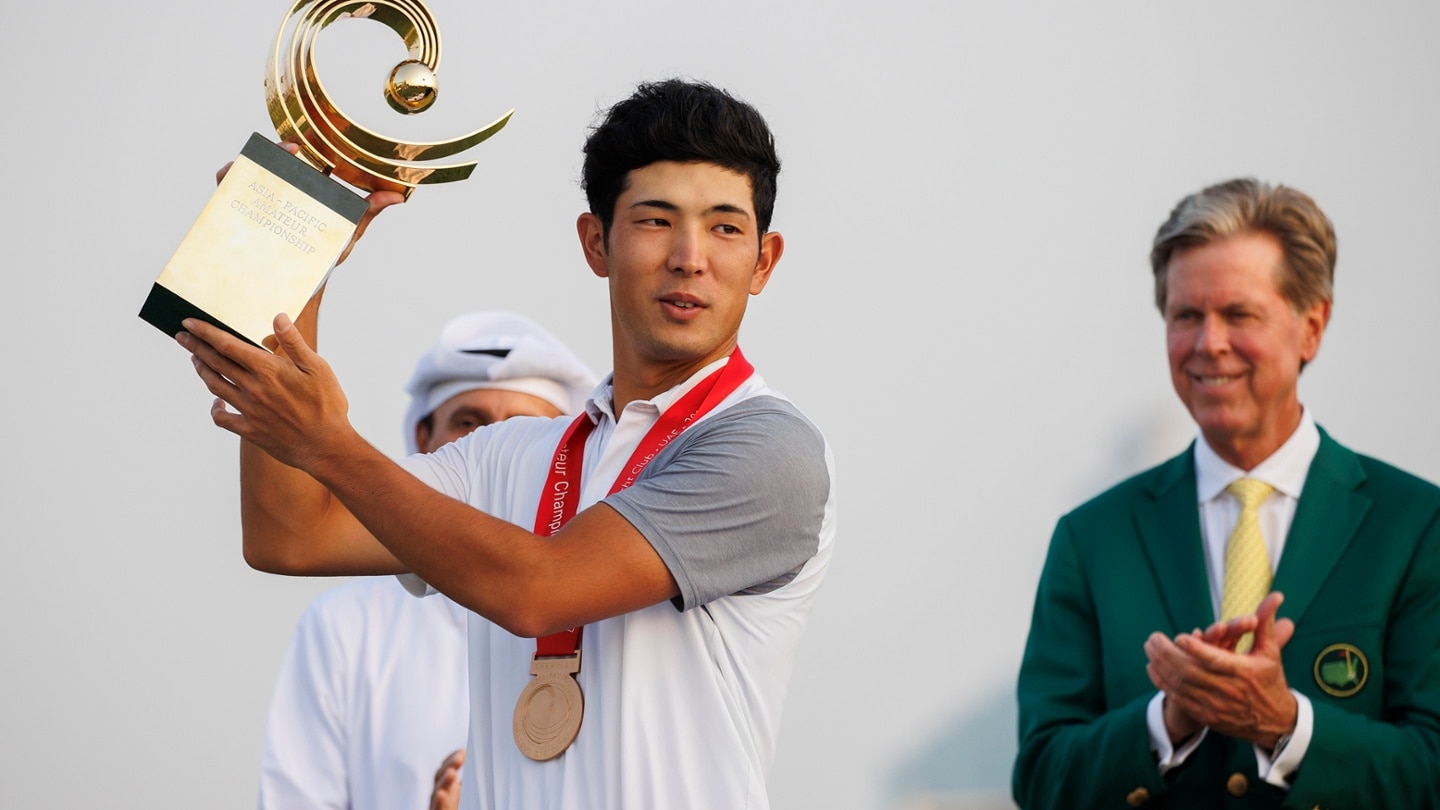 Keita Nakajima of Japan lifts the AAC trophy after winning the 2021 ...