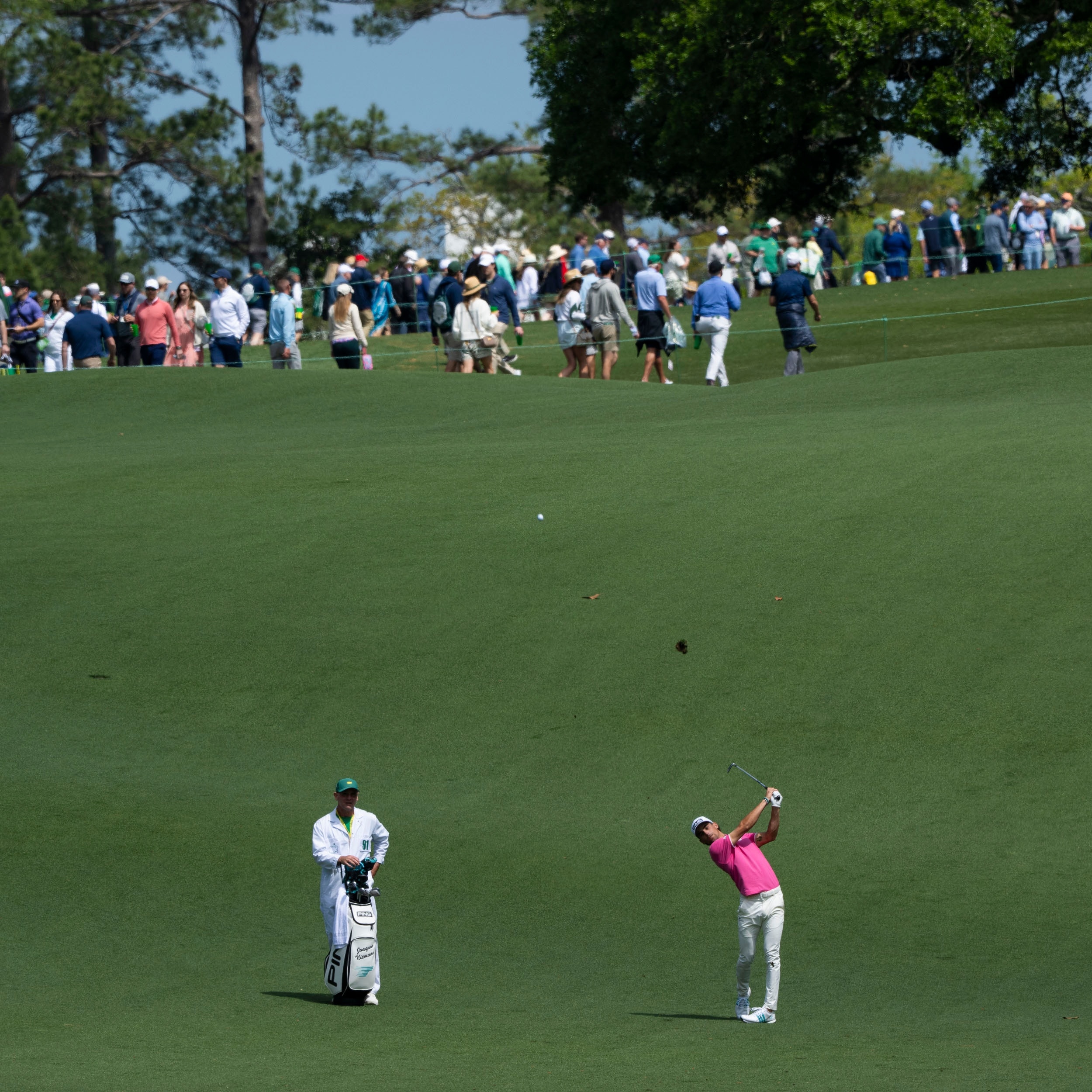 Joaquin Niemann of Chile plays a stroke on the No. 10 hole during practice round 3 prior to the ...
