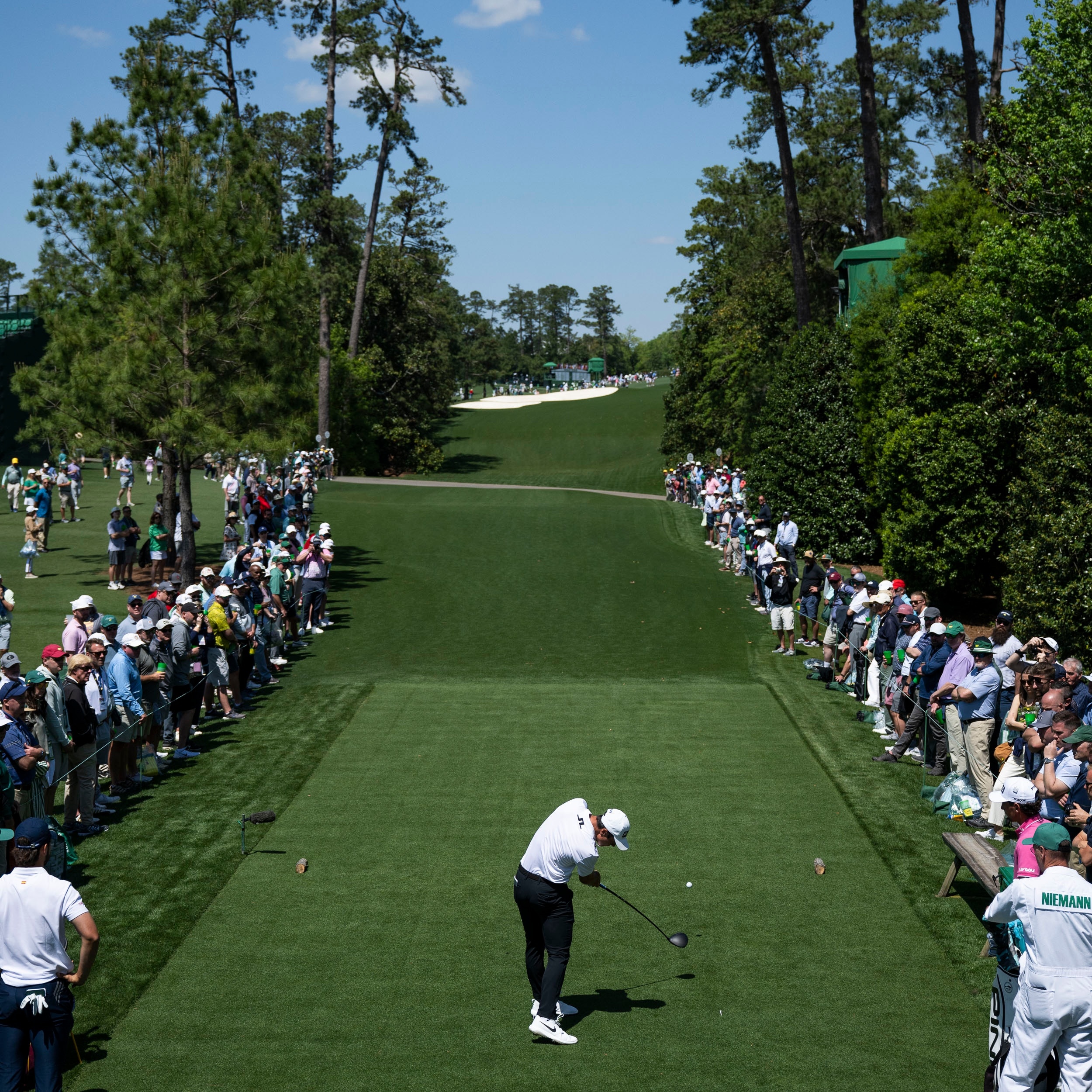 Viktor Hovland of Norway plays a stroke from the No. 18 tee during practice round 3 prior to the ...
