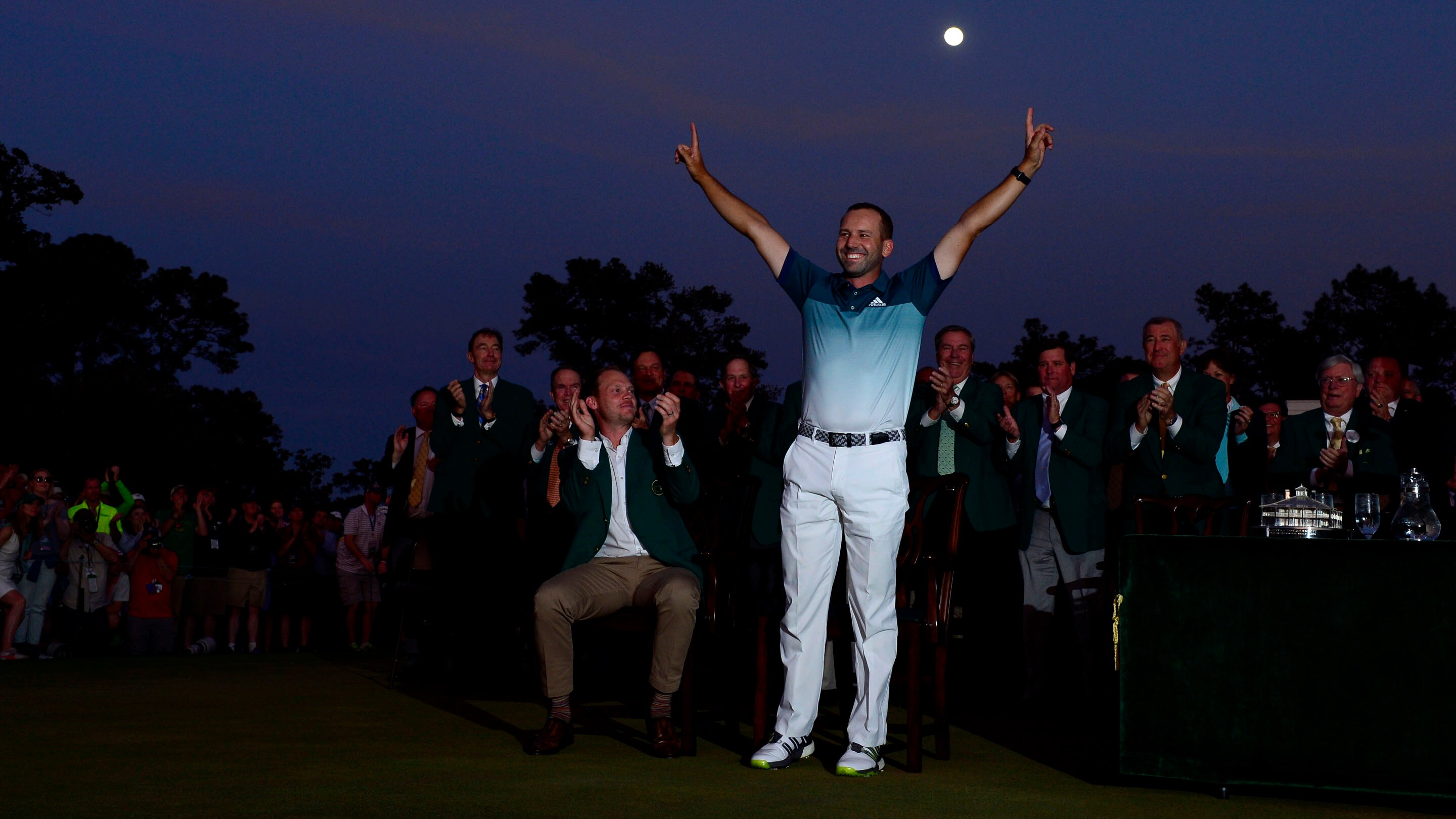 Sergio Garcia of Spain celebrates after he won the 2017 Masters during ...