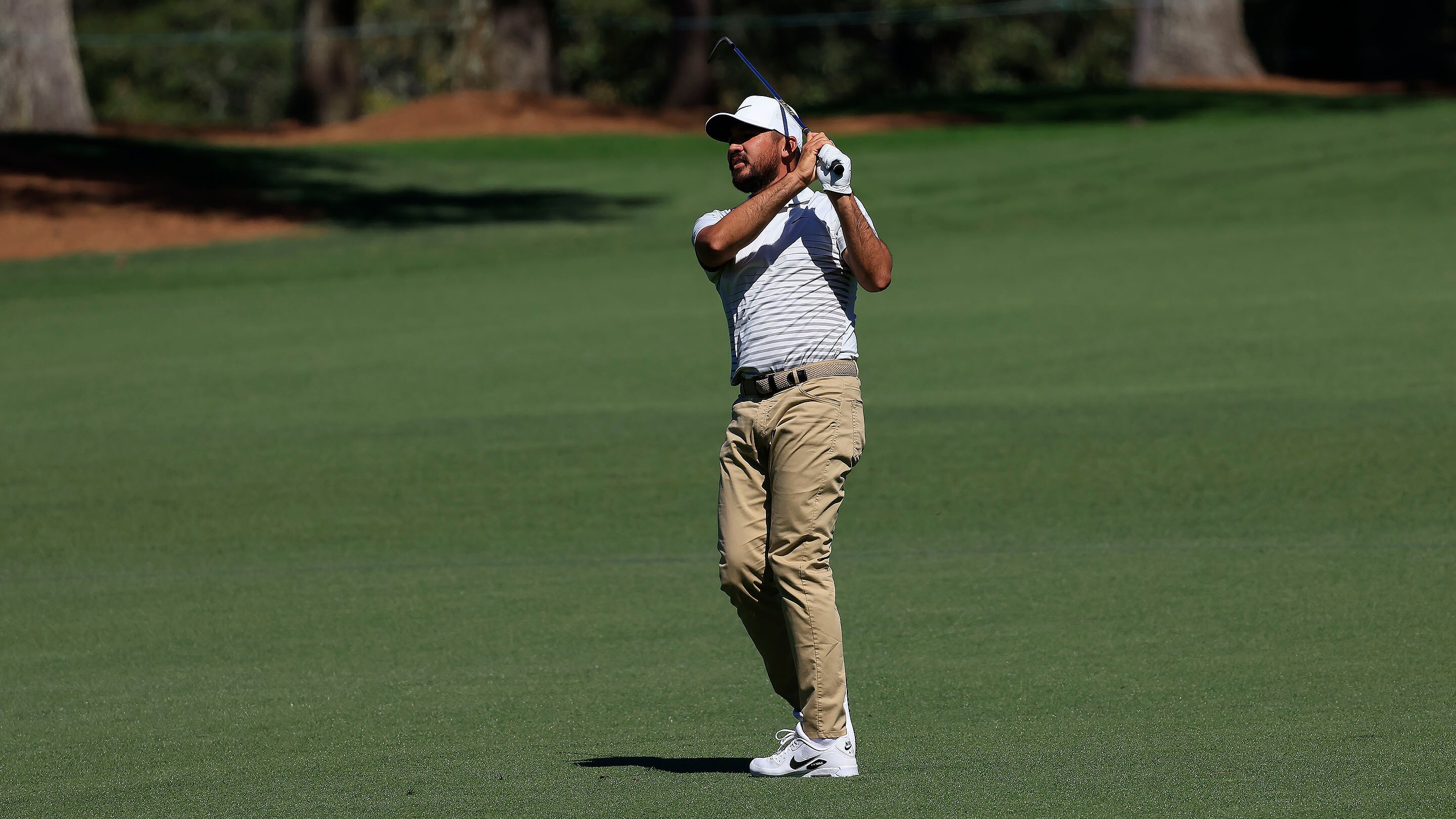 Jason Day of Australia hits a stroke on No. 15 during practice for The ...