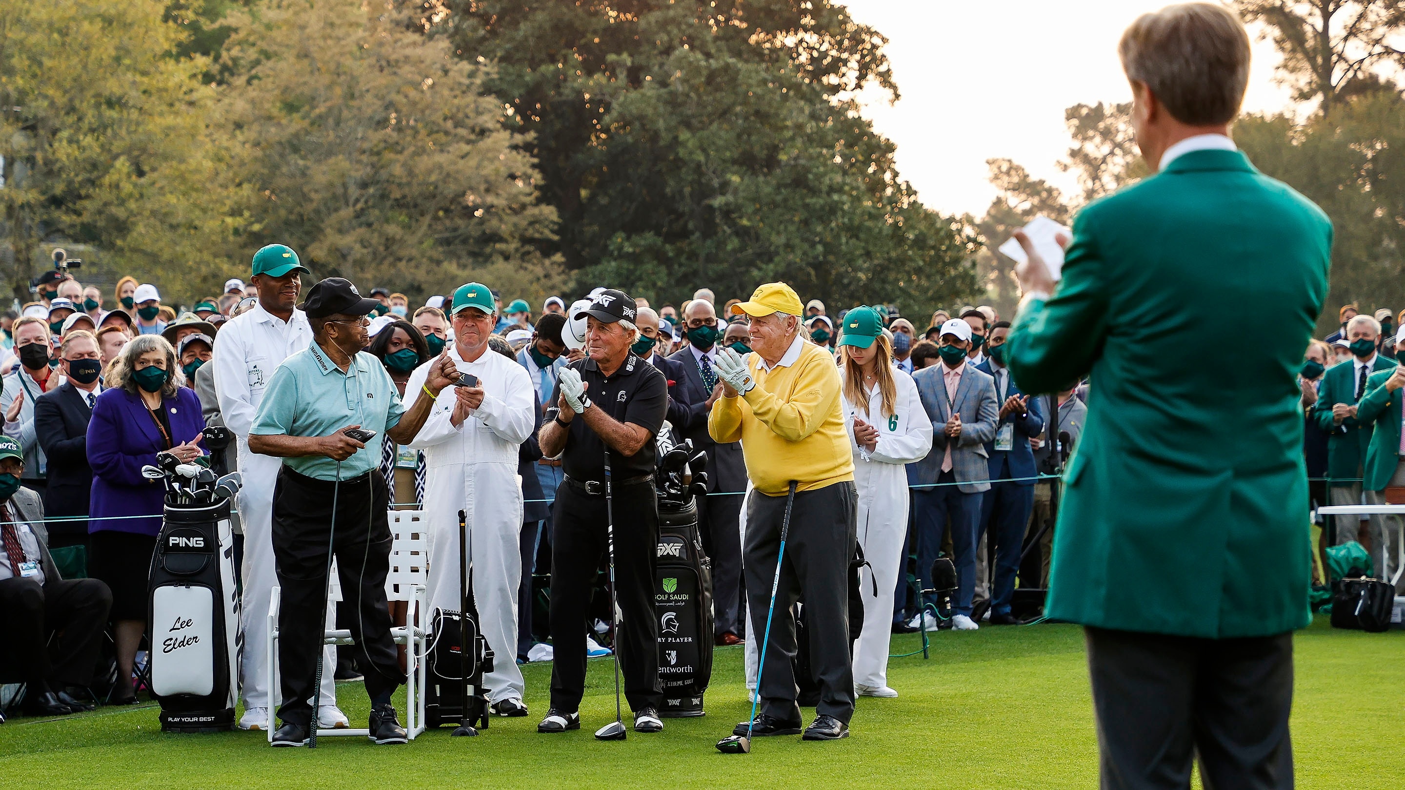 Honorary Starter Lee Elder is acknowledged by Masters champion Gary ...