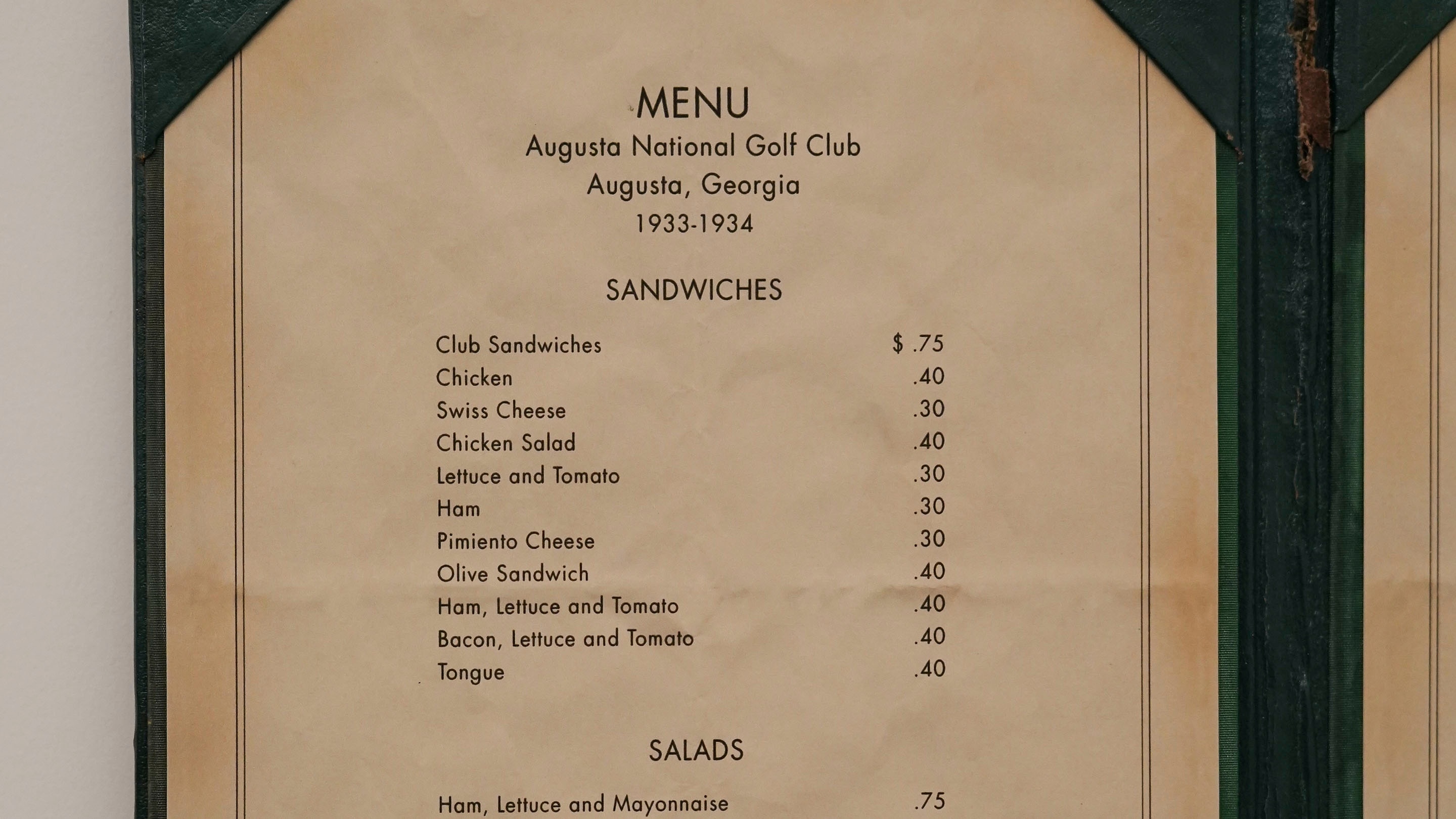 The first menu for Augusta National Golf Club is seen during the ...