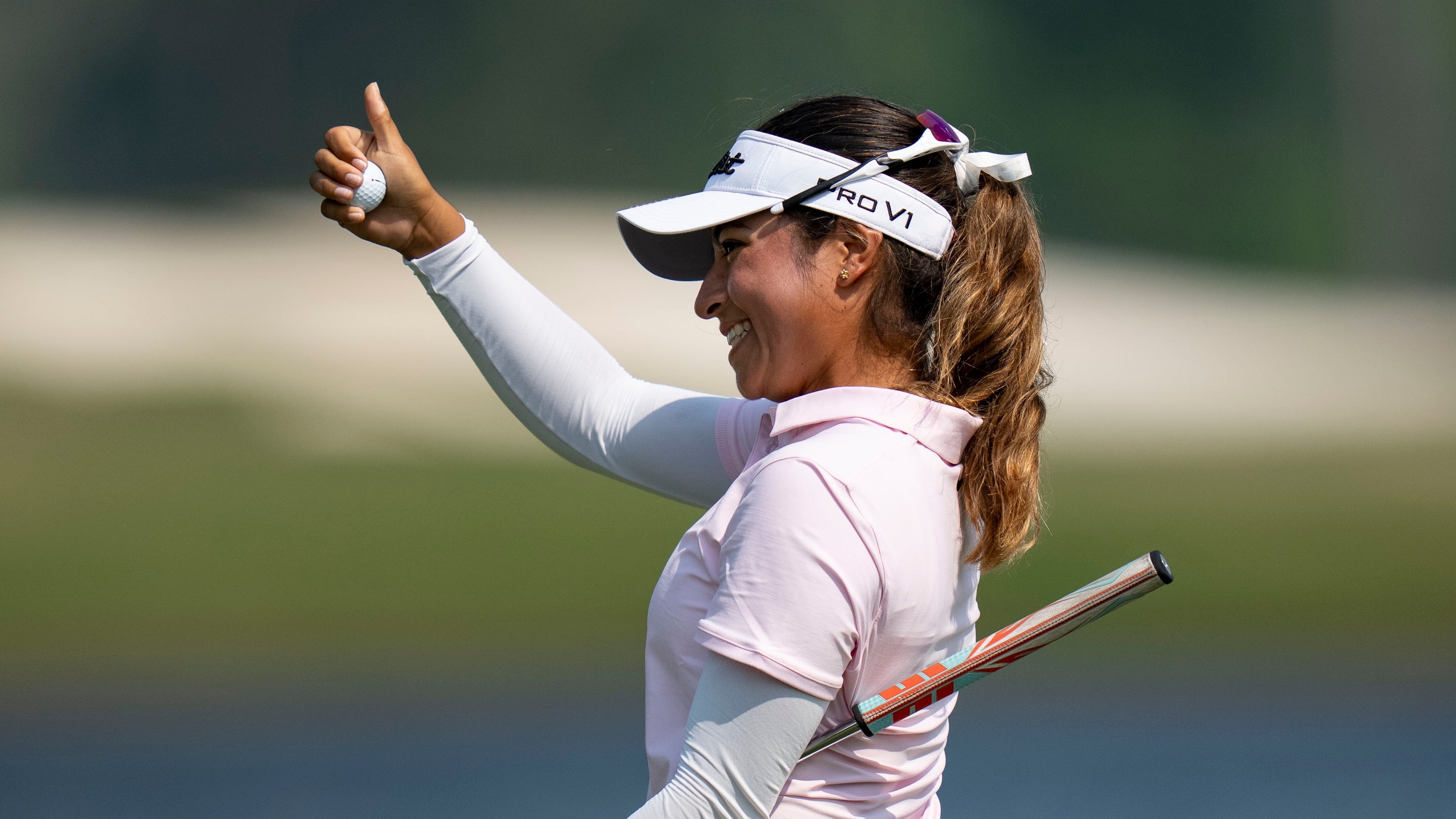 Maria Jose Marin of Colombia reacts to a putt on the No. 18 green ...