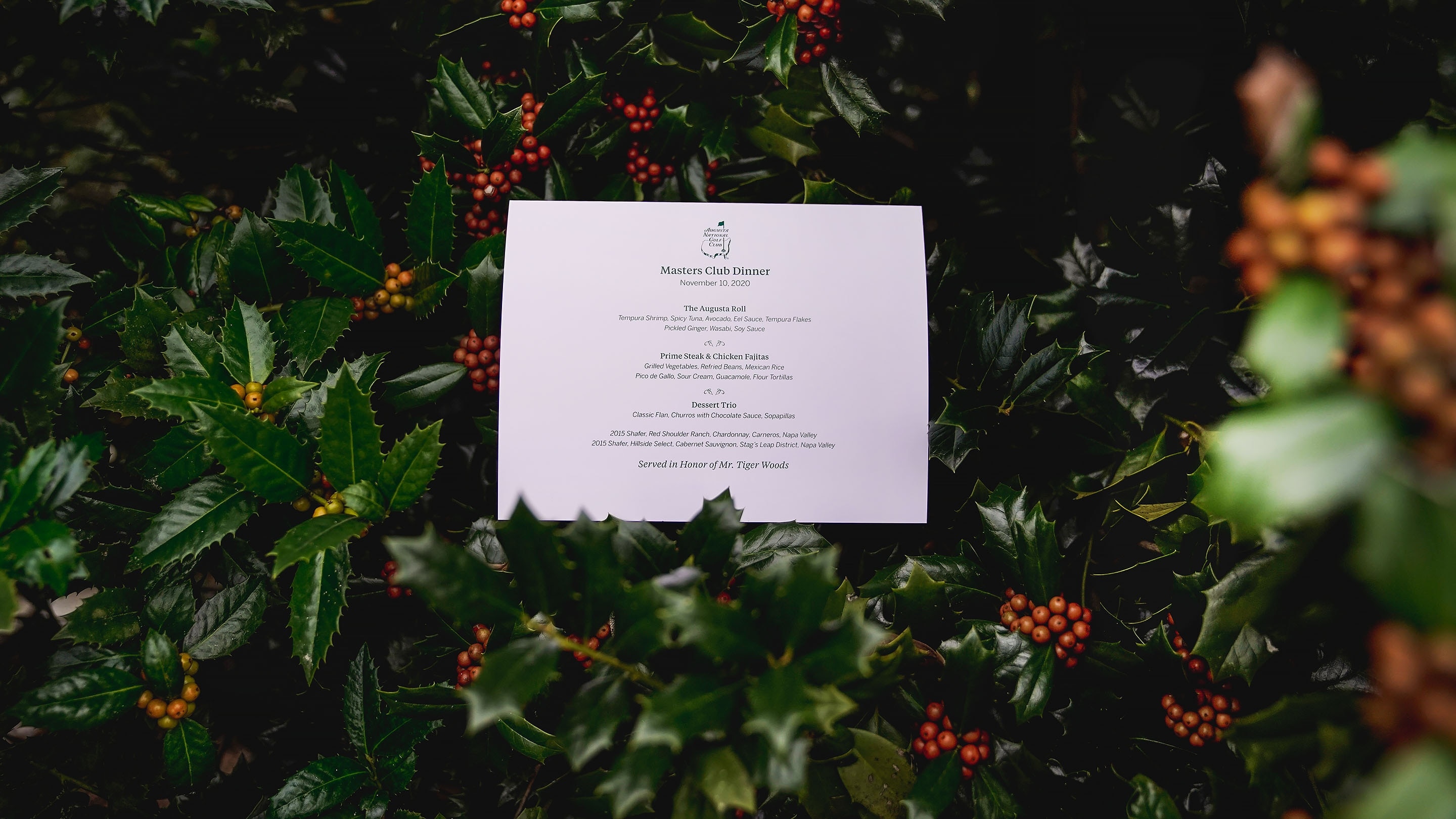 The Champions Dinner menu for 2019 for Tiger Woods during Practice ...