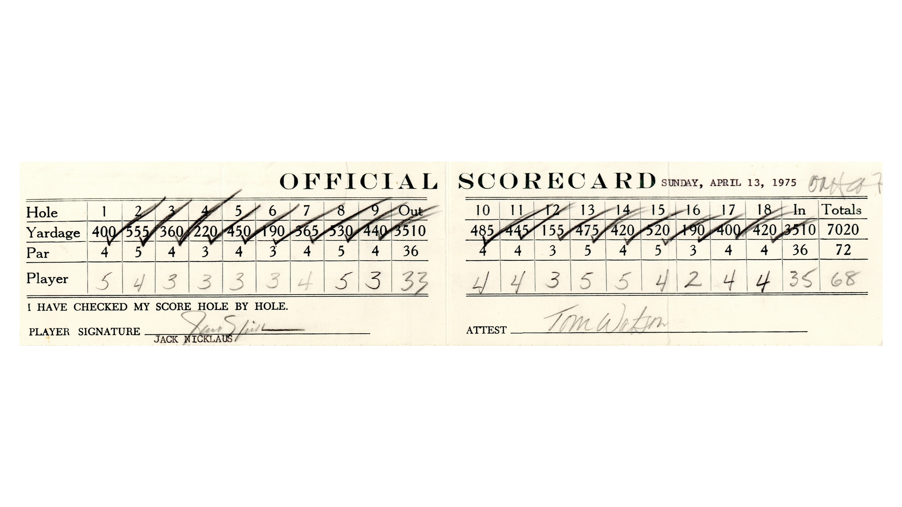Jack Nicklaus's scorecard from the 1975 Masters.