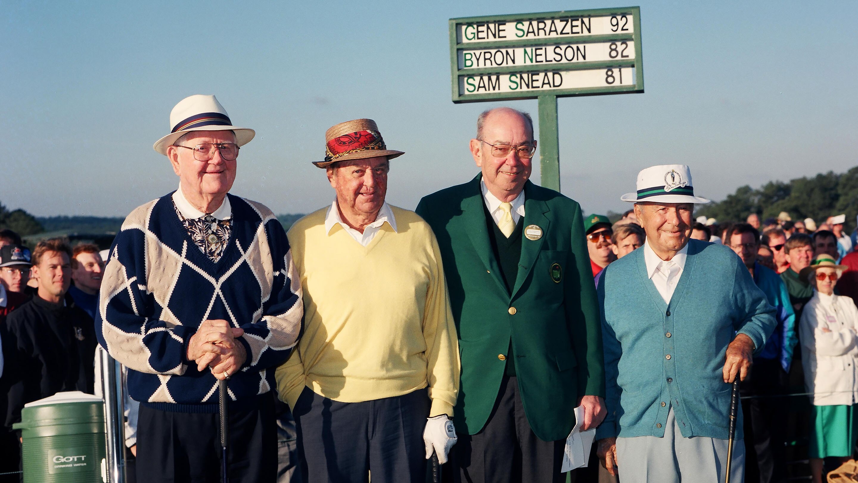 Honorary Starters Byron Nelson, Gene Sarazen and Sam Snead stand with ...